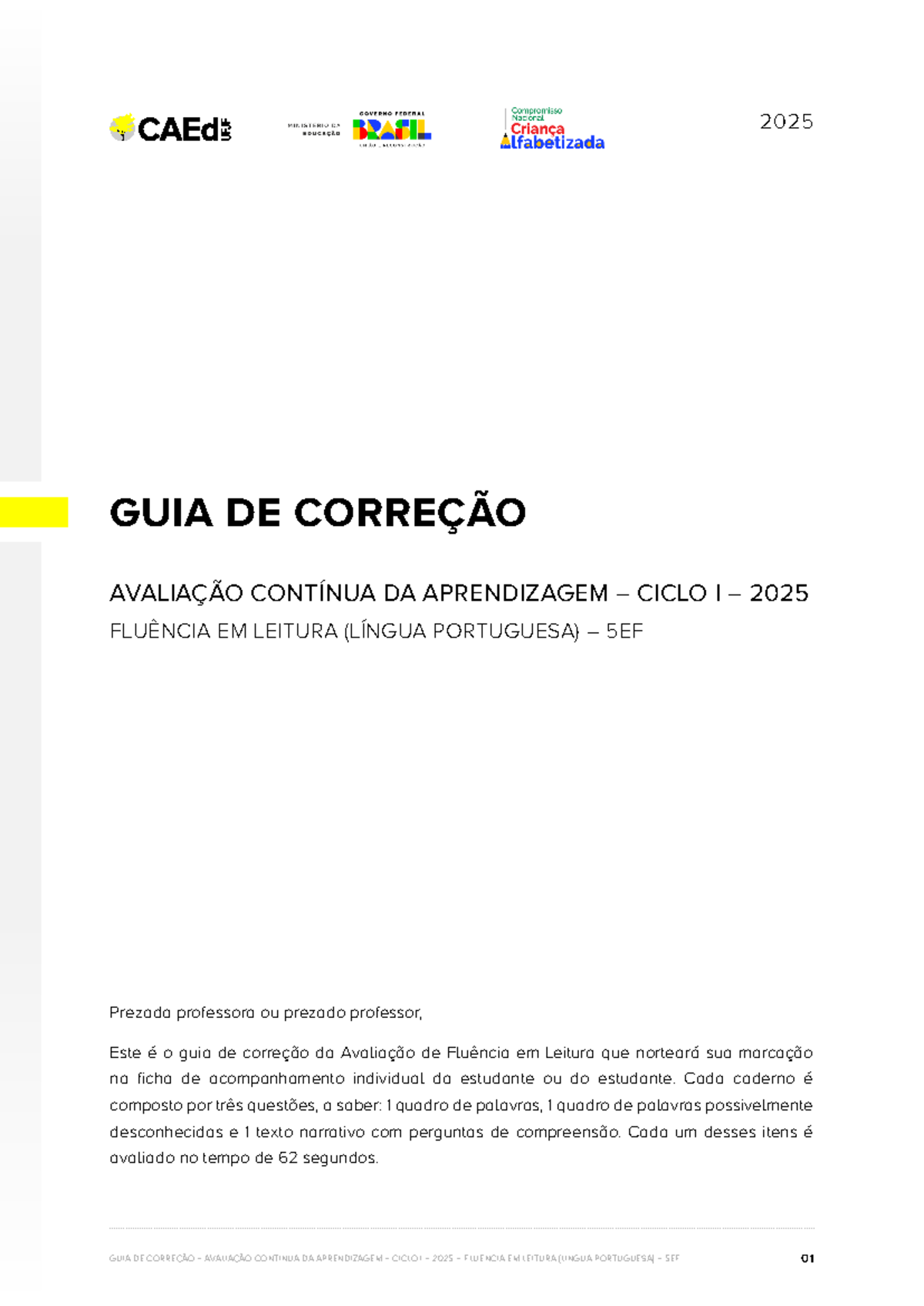 Guia de Correção - Avaliação de Fluência em Leitura 5EF - Ciclo I 2025 ...