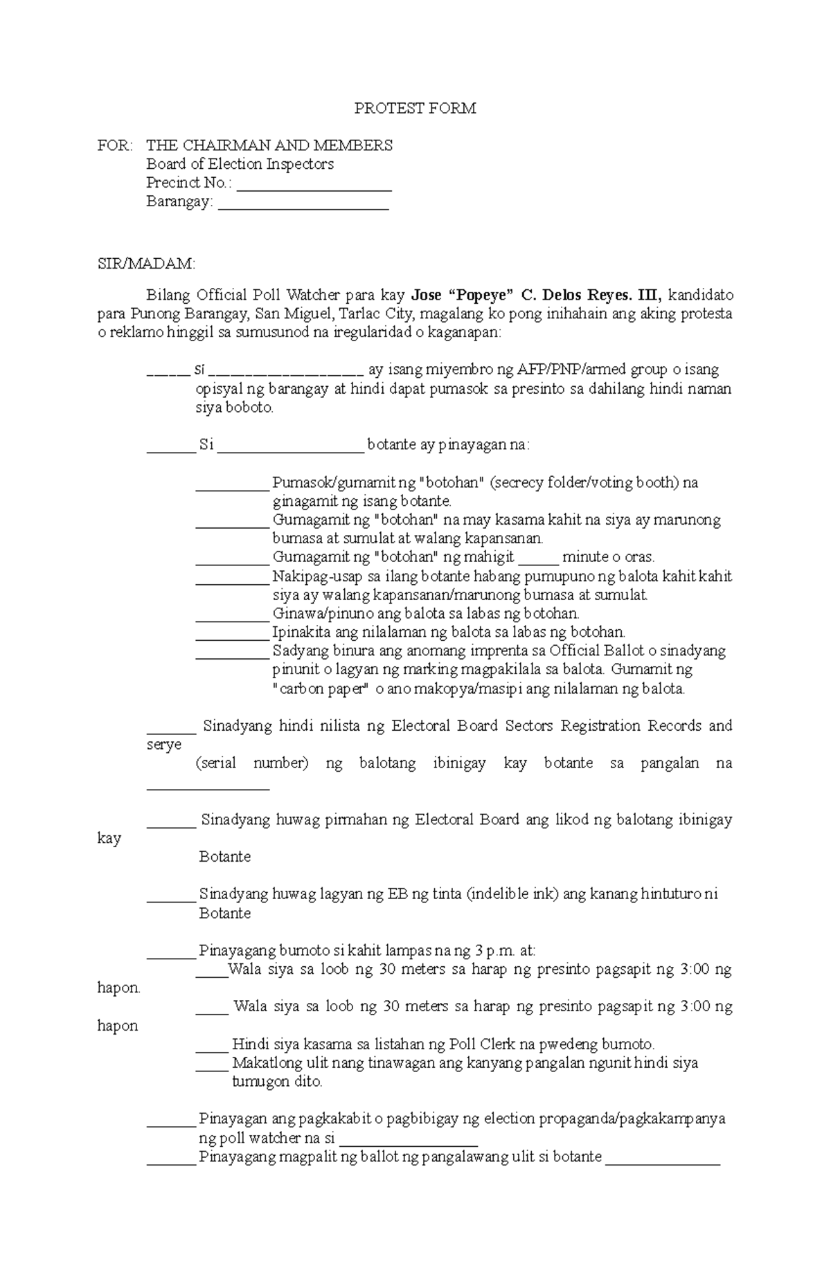 Protest FORM - political studies - PROTEST FORM FOR: THE CHAIRMAN AND ...