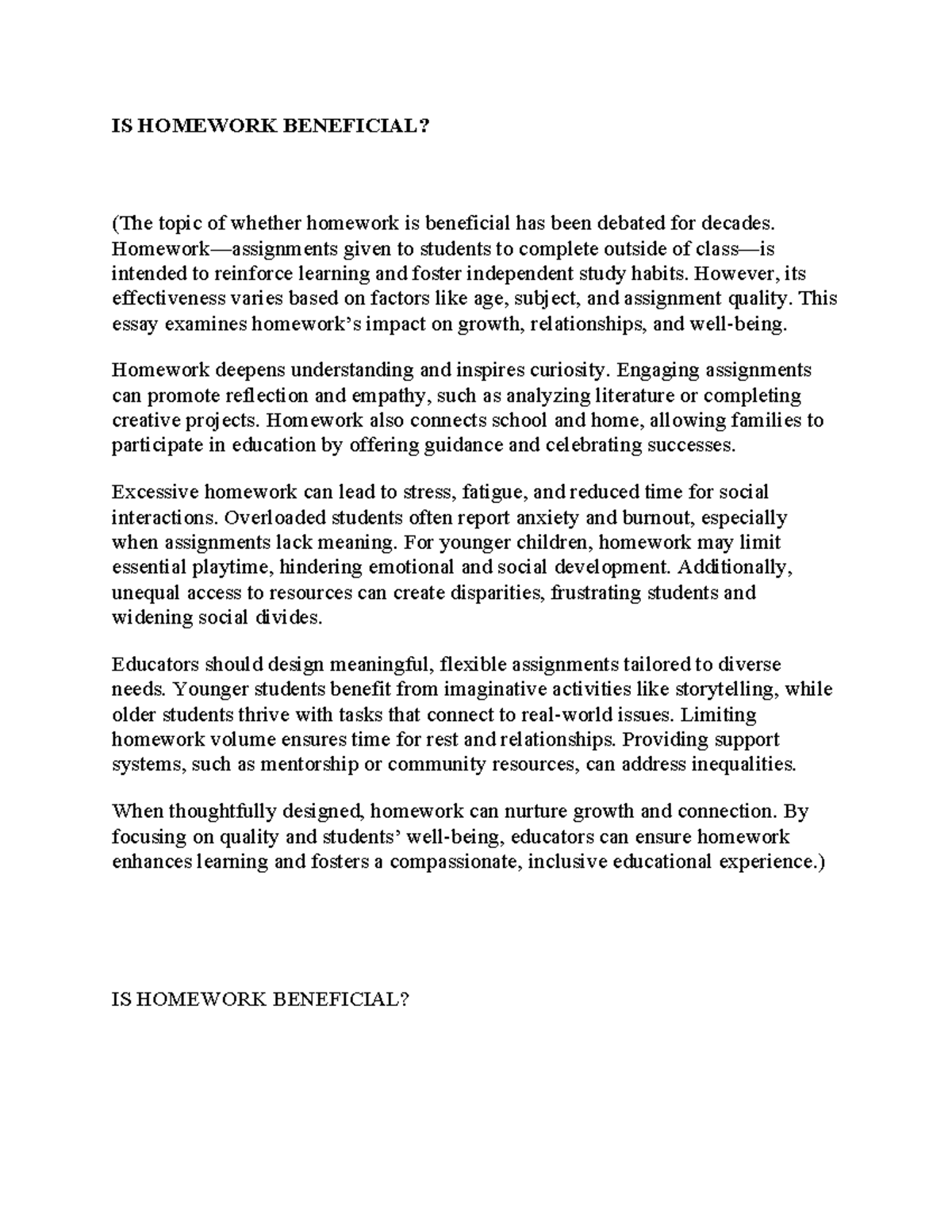 Critical Thinking Essay: Analyzing the Benefits of Homework and More ...