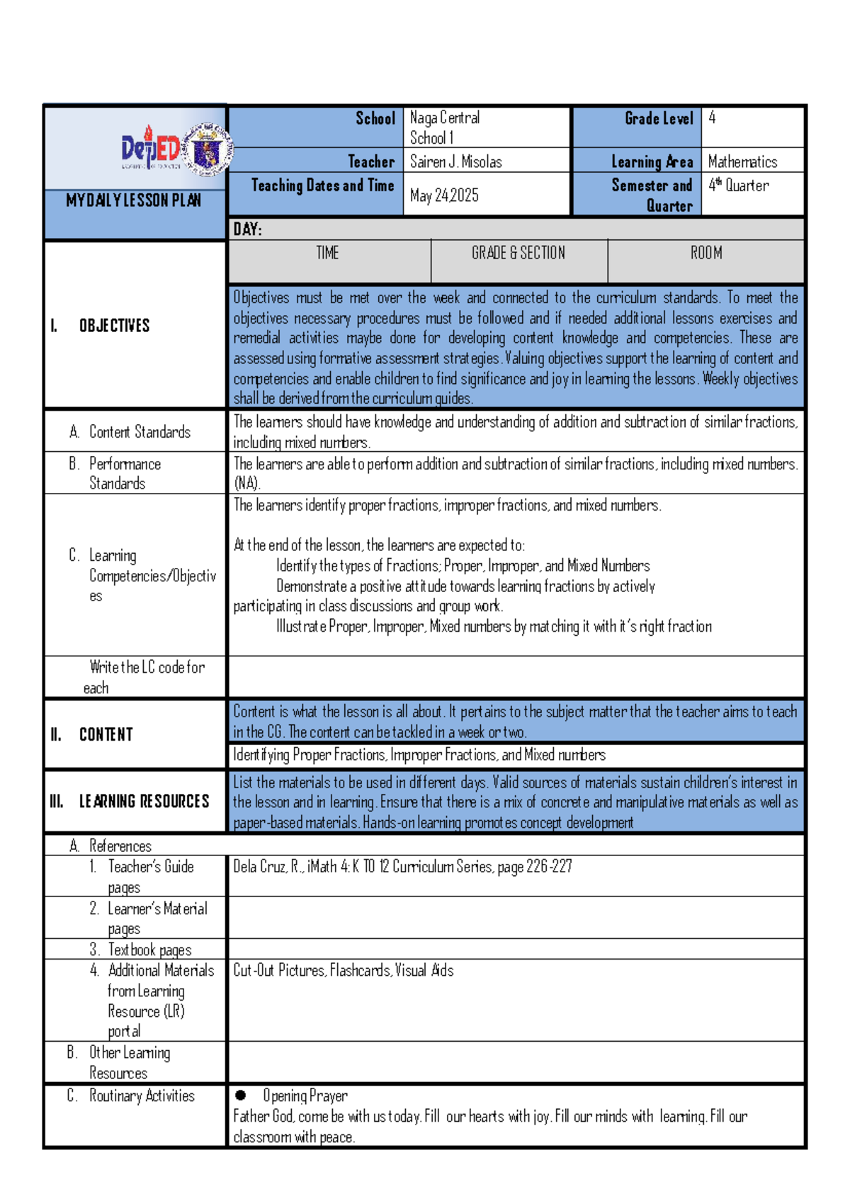 DLP Template: Grade 4 Math Lesson Plan on Fractions (May 2025) - Studocu