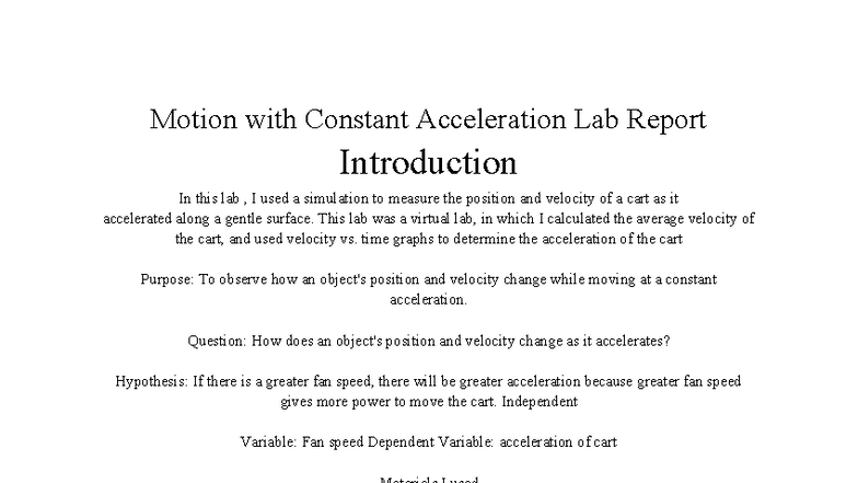 Lab Report: Motion with Constant Acceleration (Physics 101) - Studocu