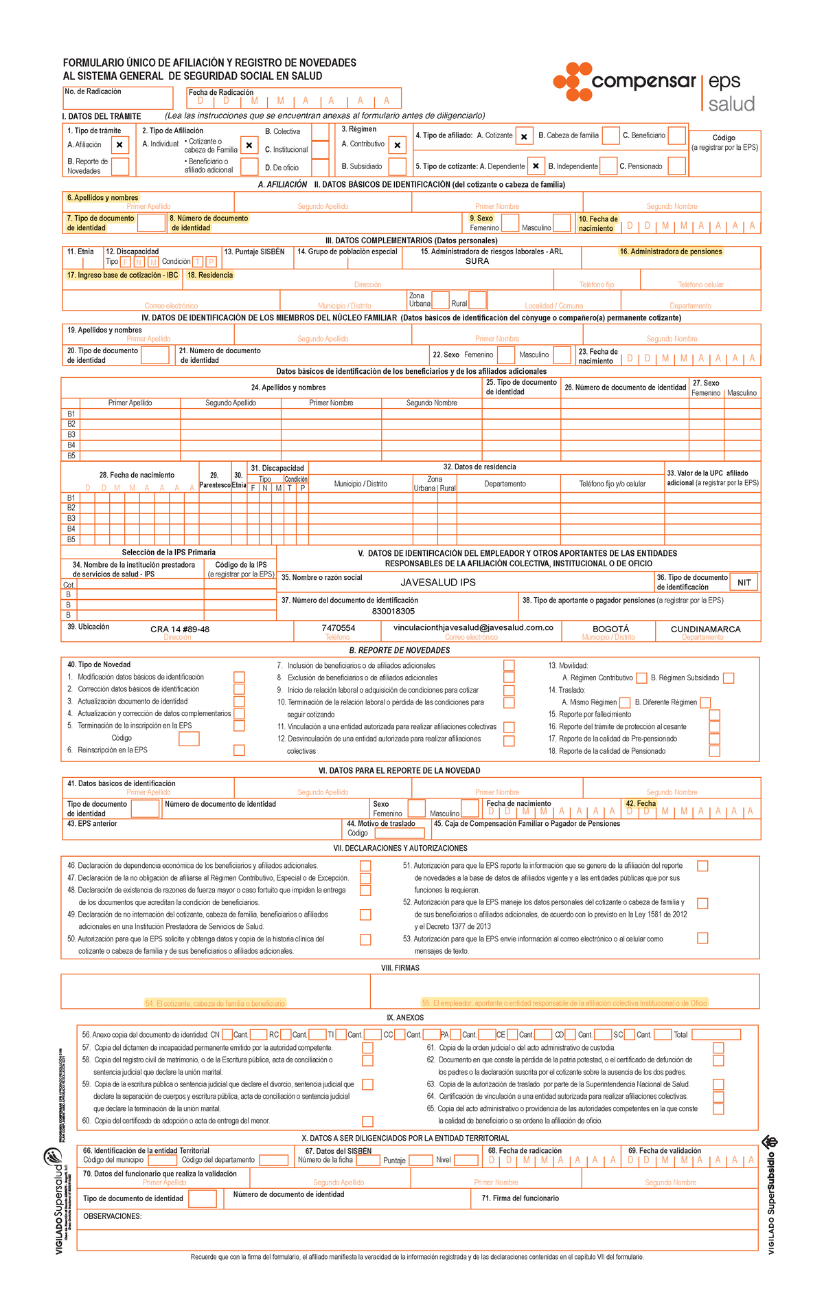 Formulario Compensar EPS - FORMULARIO ⁄NICO DE AFILIACI”N Y REGISTRO DE NOVEDADES AL SISTEMA ...