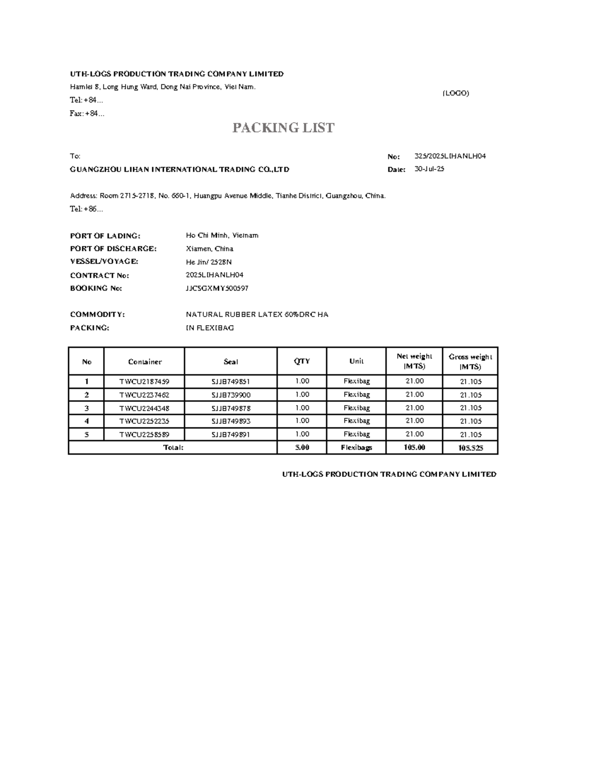 Packing List PKL 325/2025 - UTH-LOGS Trading Co. - Studocu