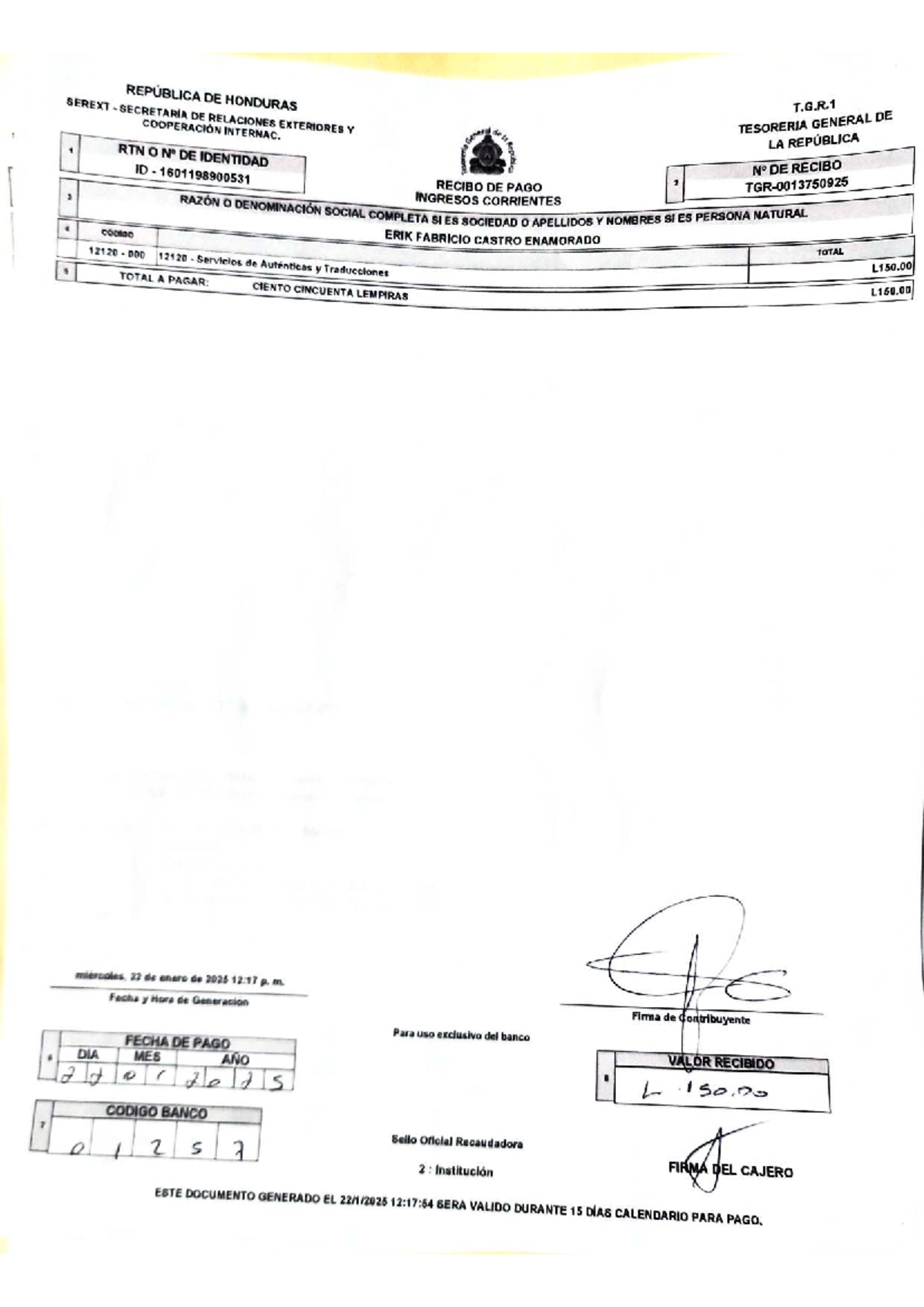 TGR Poder Mohamad - Recibo para pagar un documento apostillado ...