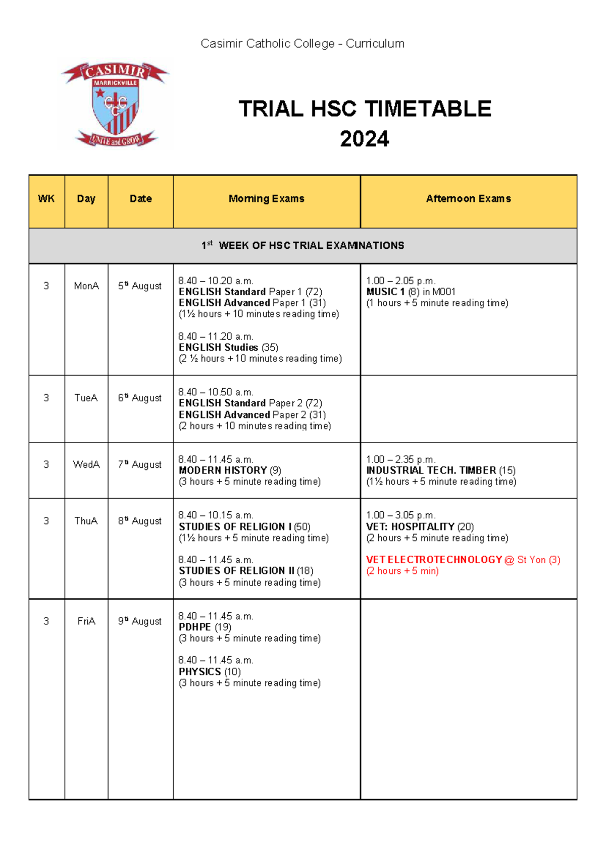 Casimir Catholic College HSC Trial Exam Timetable 2024 - Studocu