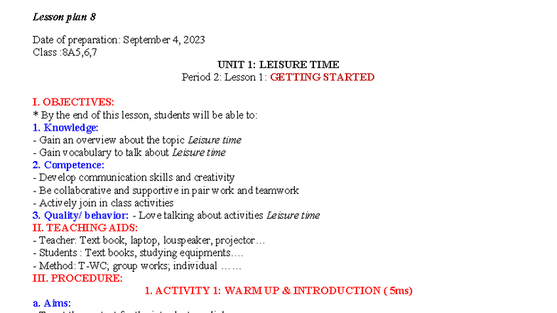 Lesson Plan 8: Unit 1 - Leisure Time for Class 8A5,6,7 - Studocu