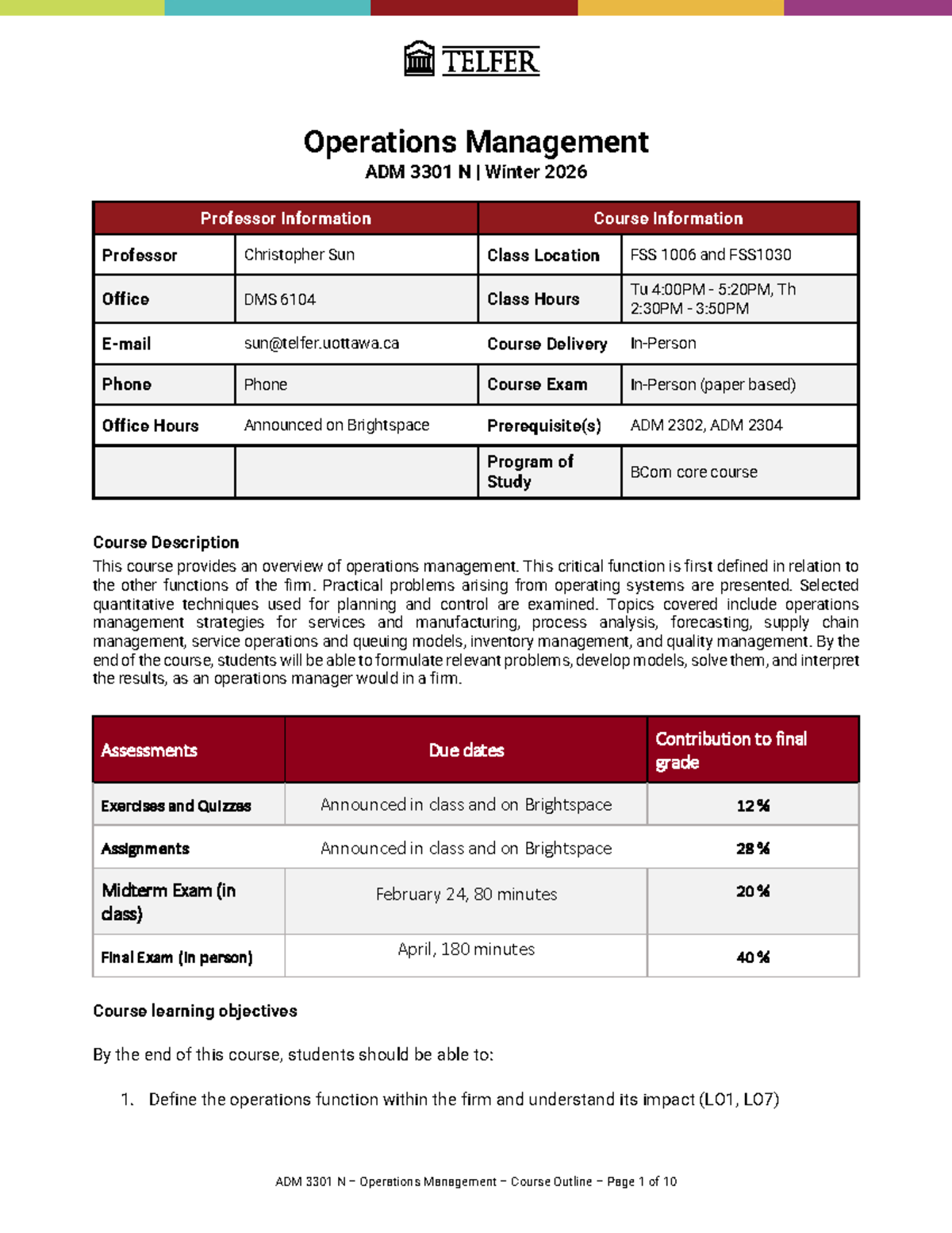 ADM 3301 N Operations Management Course Outline Winter 2026 - Studocu