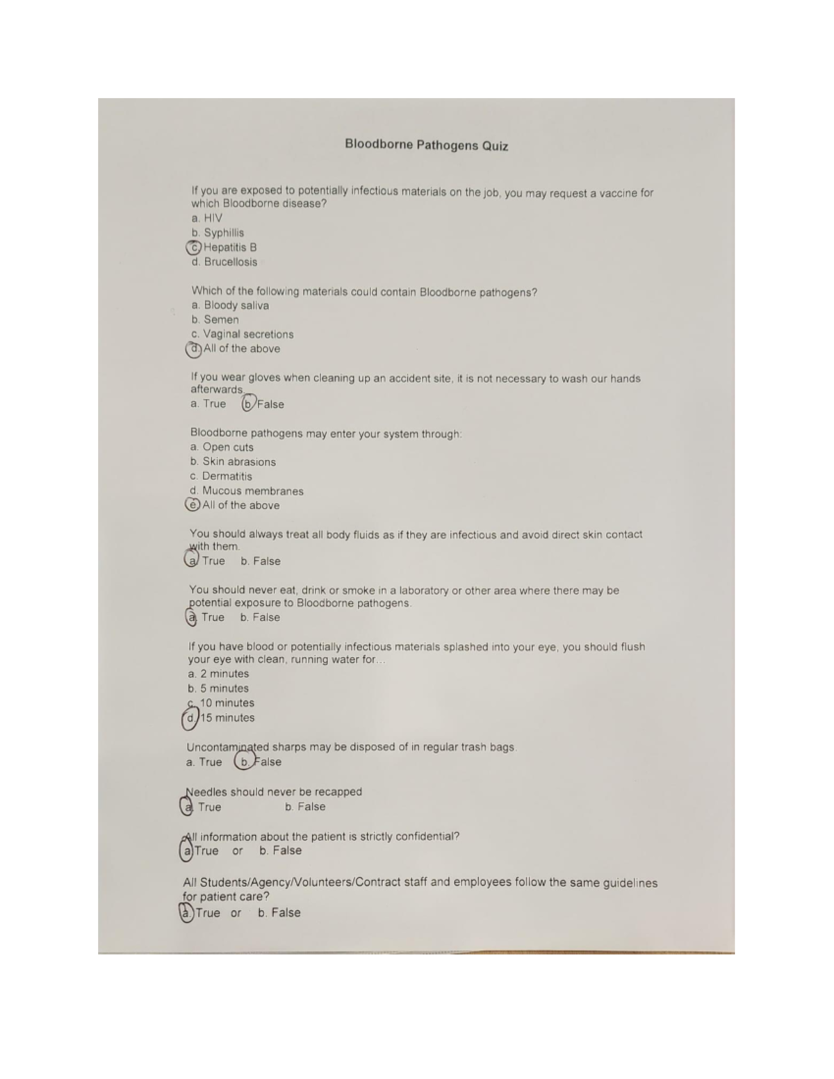Blood Pathogens Test Answers