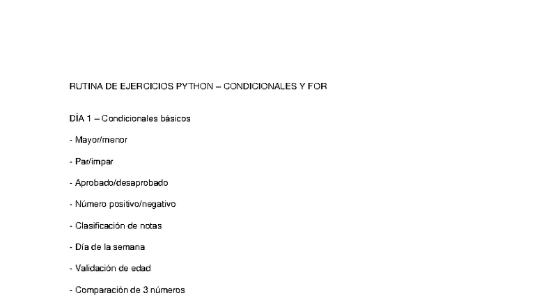 Rutina de Ejercicios Python: Condicionales y Ciclo FOR - Studocu