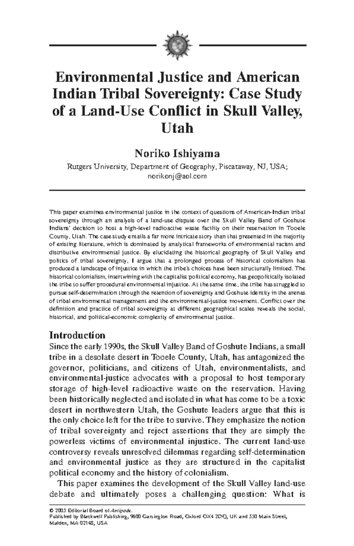 Environmental Justice & Tribal Sovereignty: Skull Valley Case Study ...