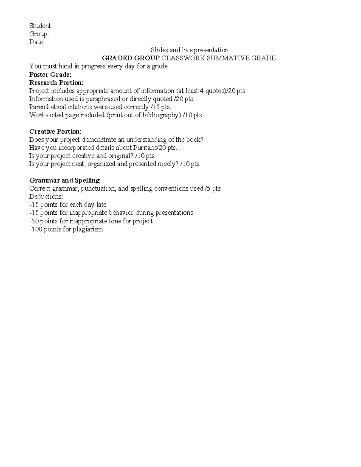 Rubric G11 scarlet letter - Student: Group: Date: Slides and live ...