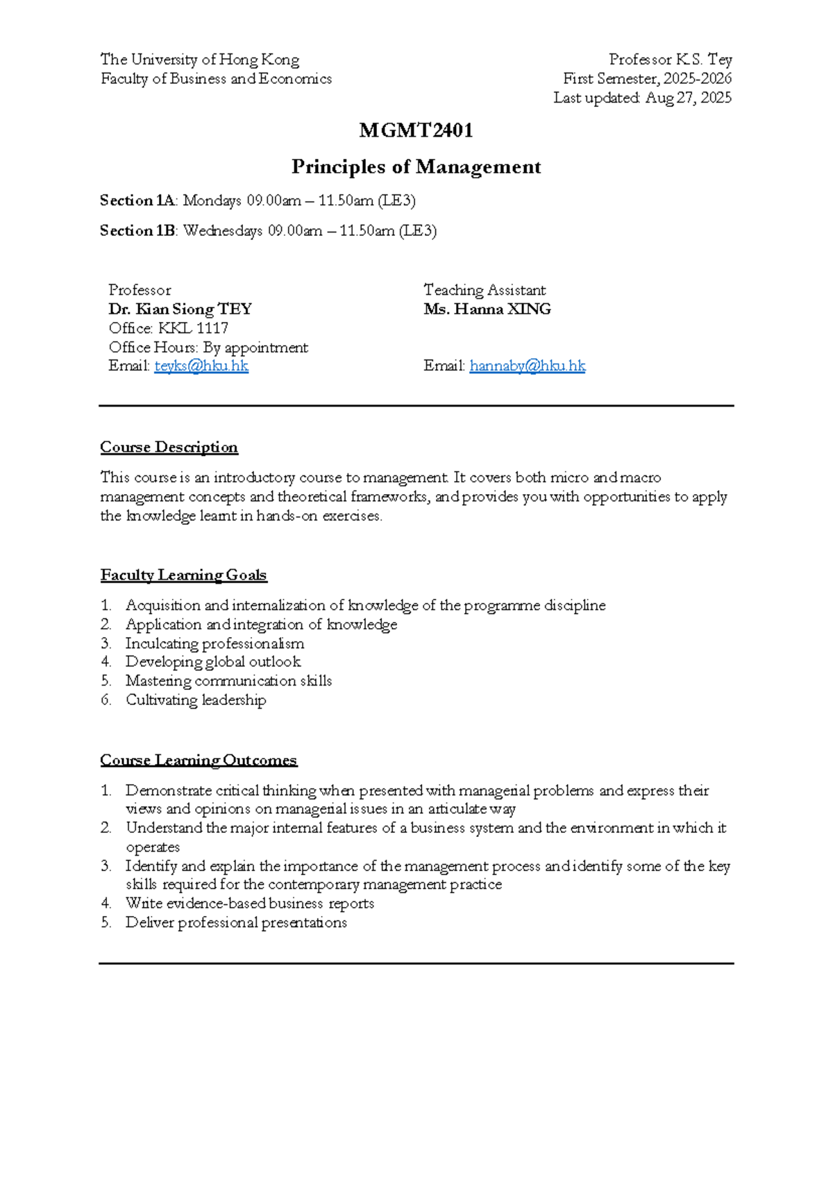 2025 MGMT2401 Principles of Management Syllabus - Prof. K.S. Tey - Studocu