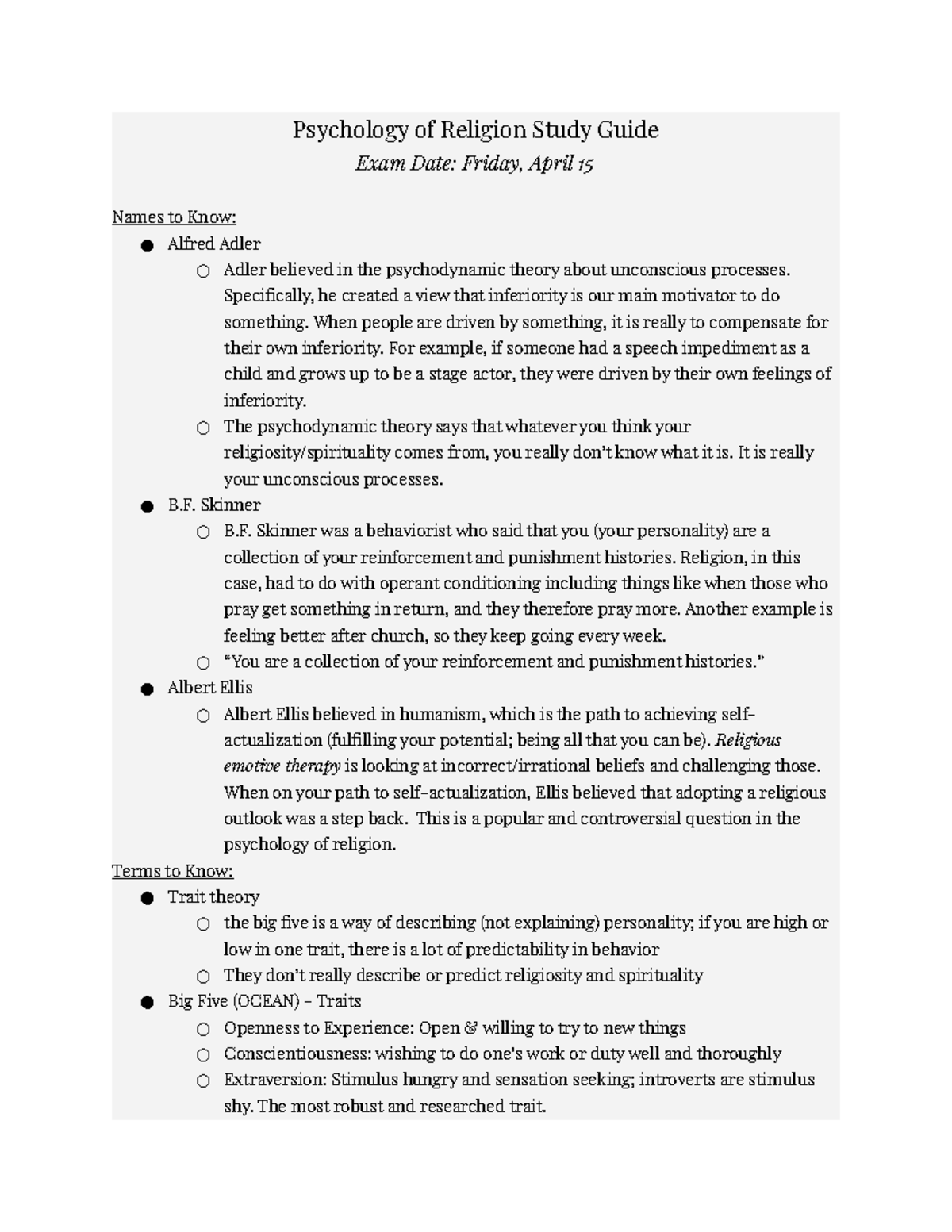 Religion Exam 3 Study Guide - Psychology of Religion Study Guide Exam ...