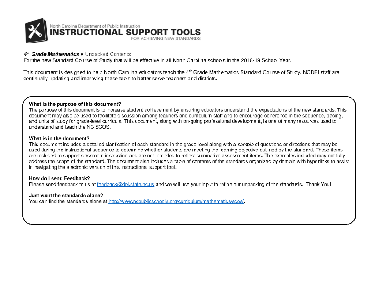 4th Grade Math Unpacked Standards for NC Course Study 2018-19 - Studocu