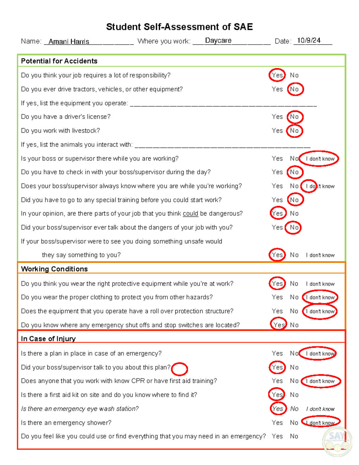 Safety Self Evaluation - Student Self-Assessment of SAE Name ...