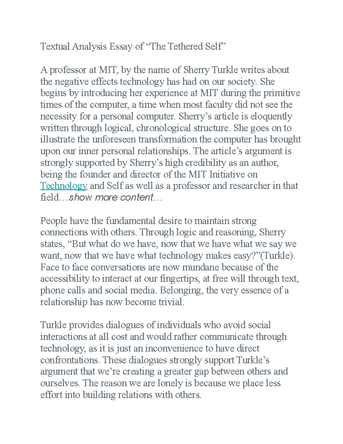 Textual Analysis Essay of Sherry Turkle - Textual Analysis Essay of ...