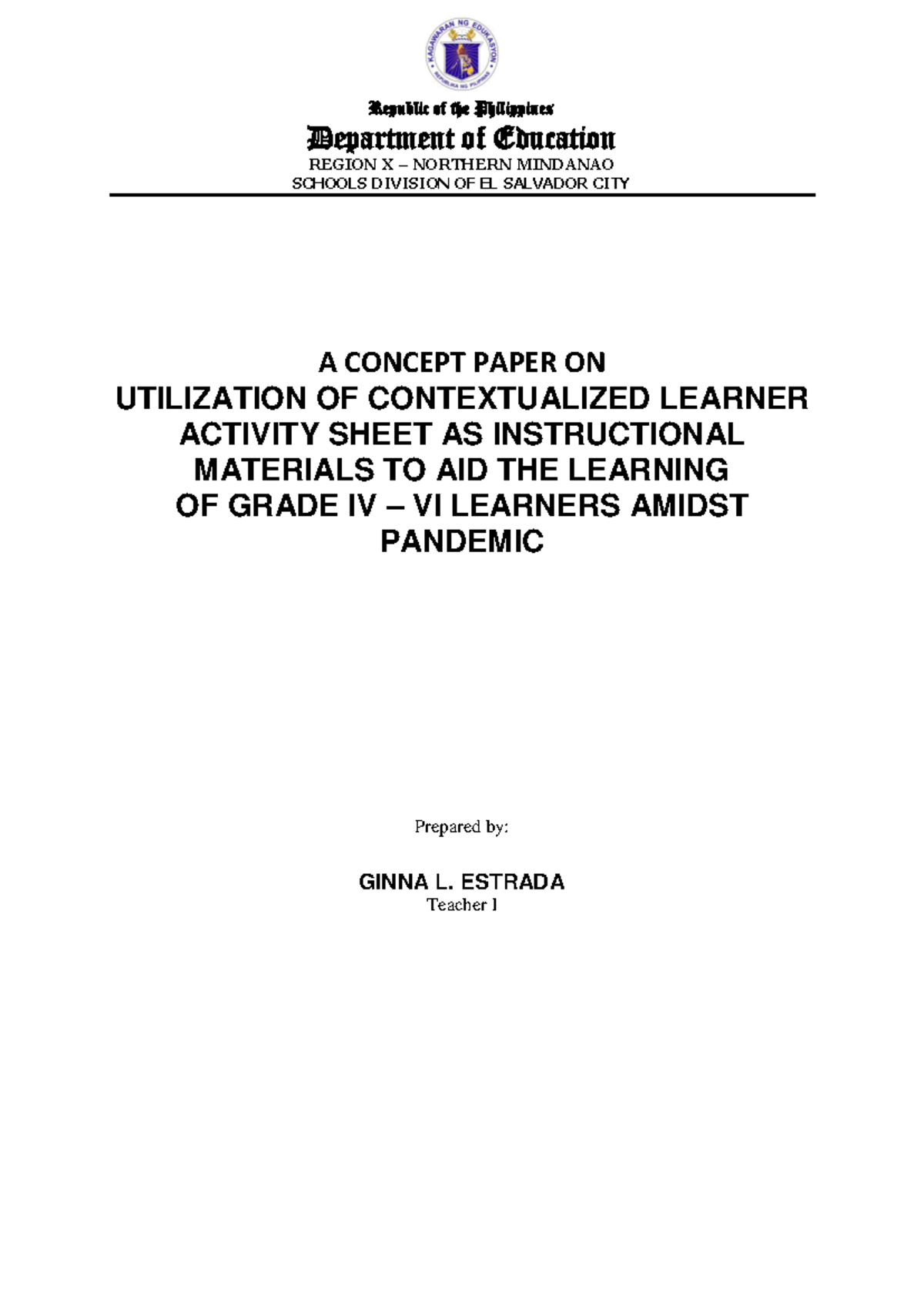 Concept Paper on Contextualized Learner Activity Sheets for Grades IV ...