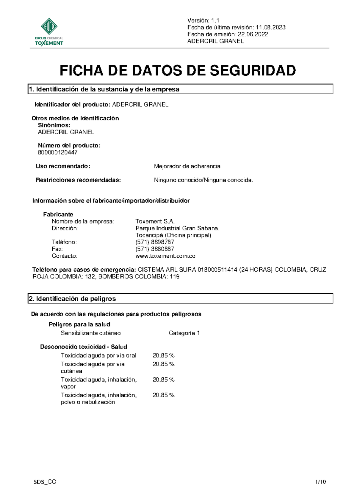 Adercril granel - Ficha de datos de seguridad (SDS) versión 1.1 - Studocu