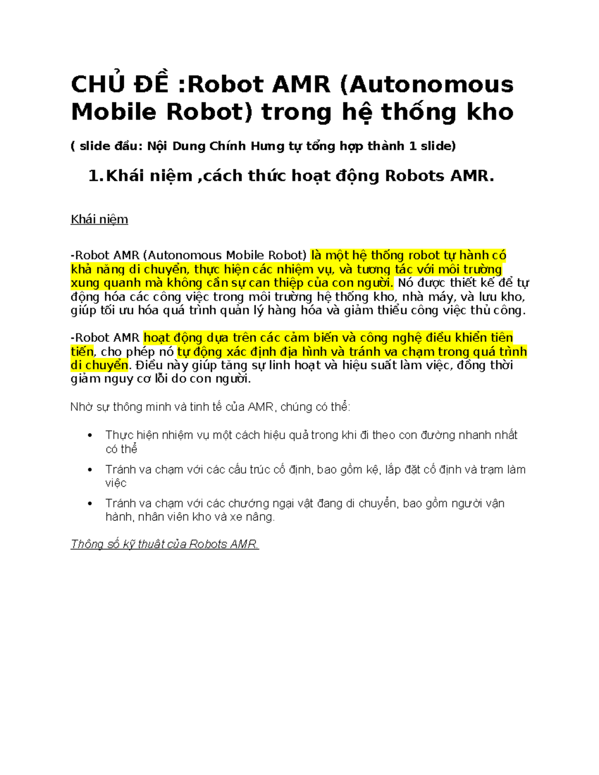 Tổng Quan về Robots AMR trong Hệ Thống Kho - Công Nghệ Tương Lai - Studocu