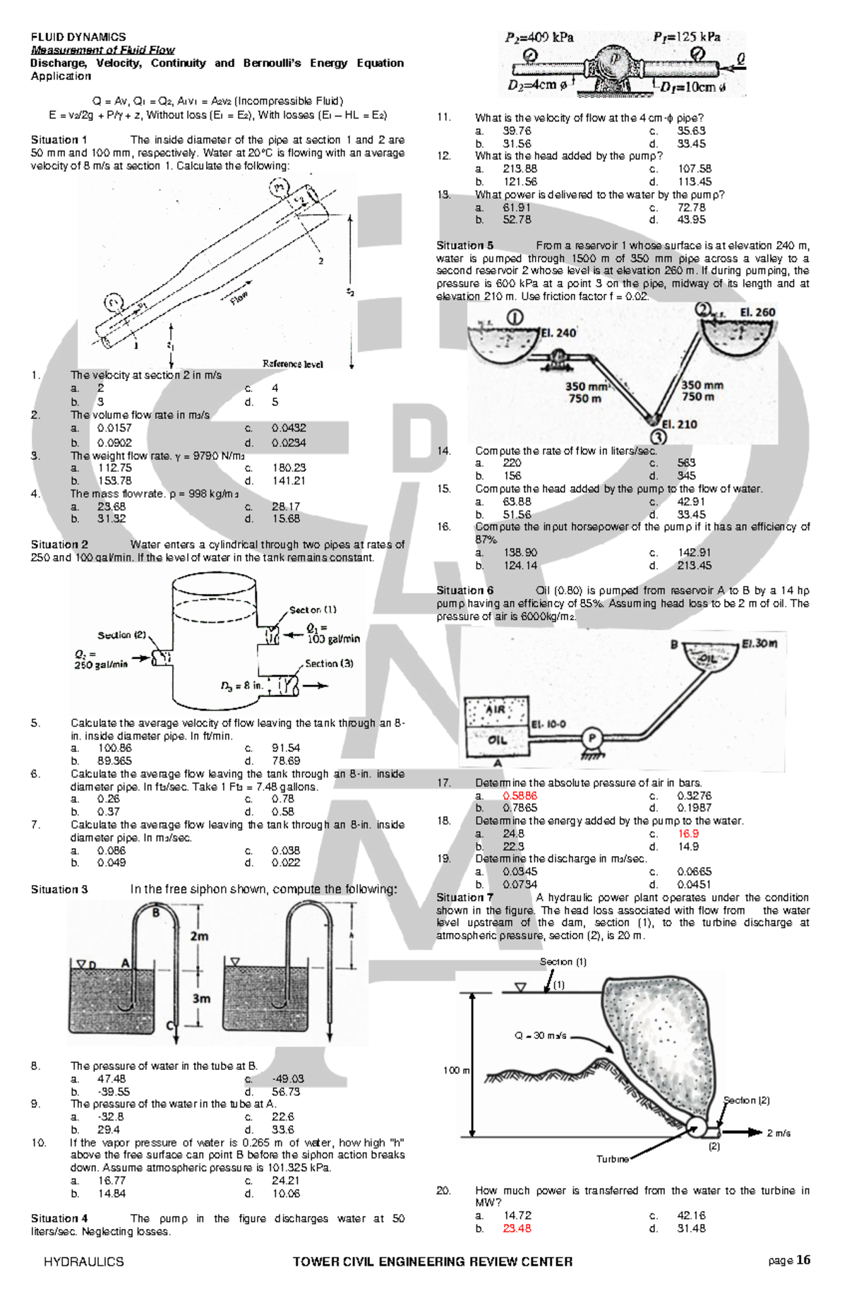 Hydraulics (16-17) - Fluid Dynamics Exam Review and Practice Problems ...