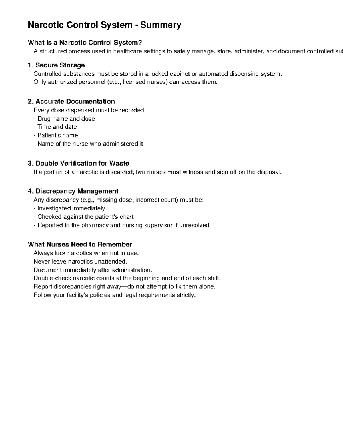 Narcotic Control System Overview: Key Guidelines for Nurses - Studocu