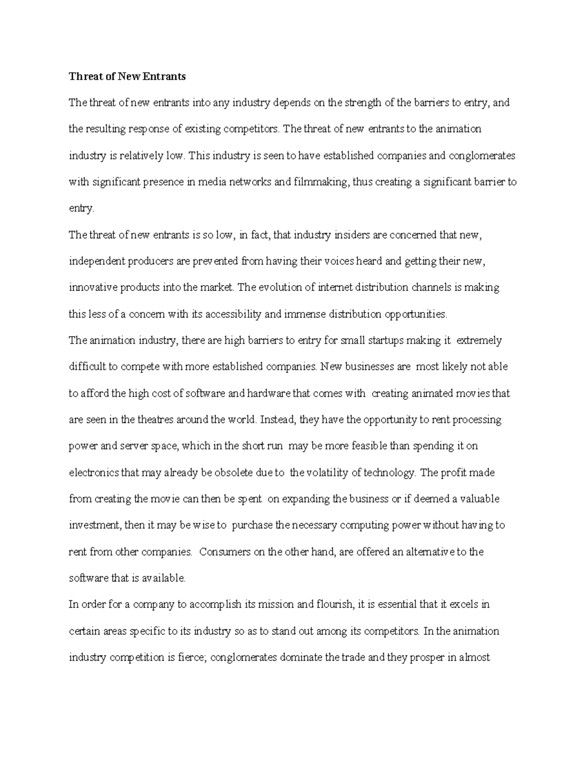 Threat of New Entrants in Animation Industry - Assignment - Studocu