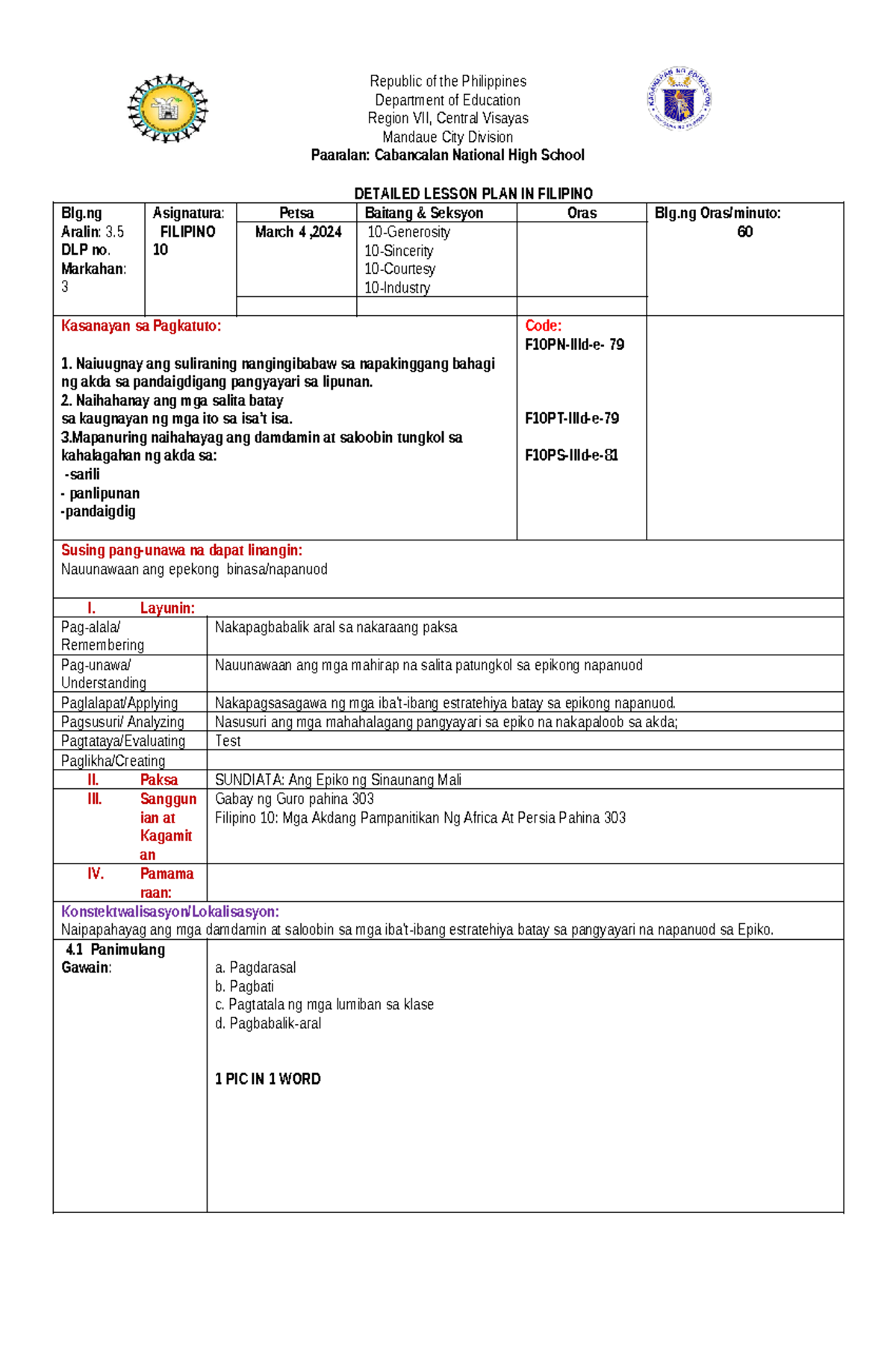 DLP in FILIPINO 10: Sunidata Epiko Lesson Plan Notes - Studocu