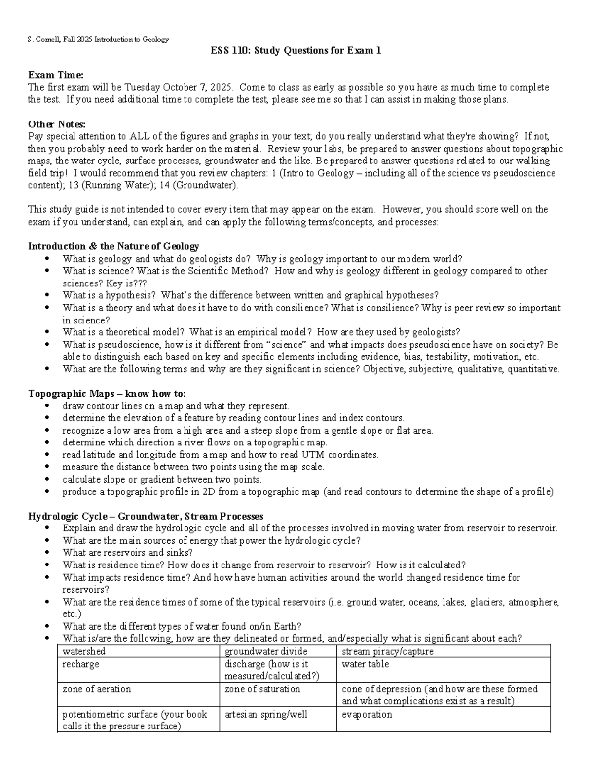 ESS 110: Study Guide for Intro to Geology Exam 1 - Fall 2025 - Studocu