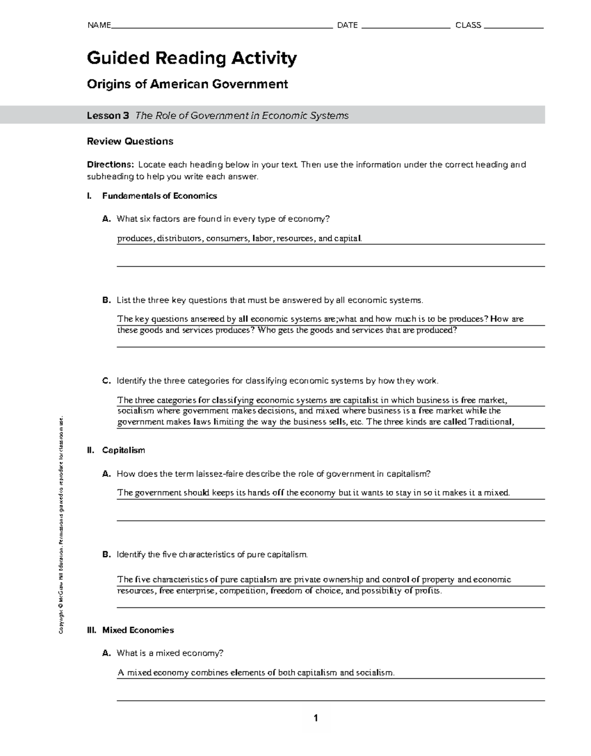 1-3 Guided Reading: The Role of Government in Economic Systems - Studocu