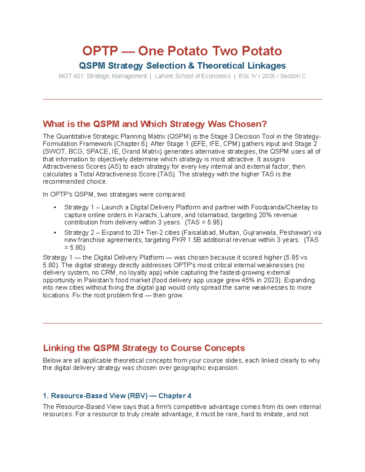 OPTP MGT 401 QSPM Strategy Selection & Theoretical Linkages - Studocu