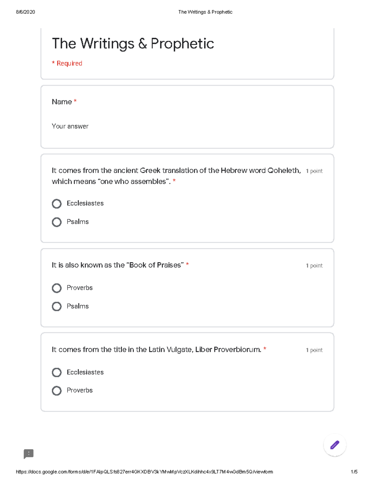 The Writings & Prophetic - 1 point Ecclesiastes Psalms 1 point Proverbs ...