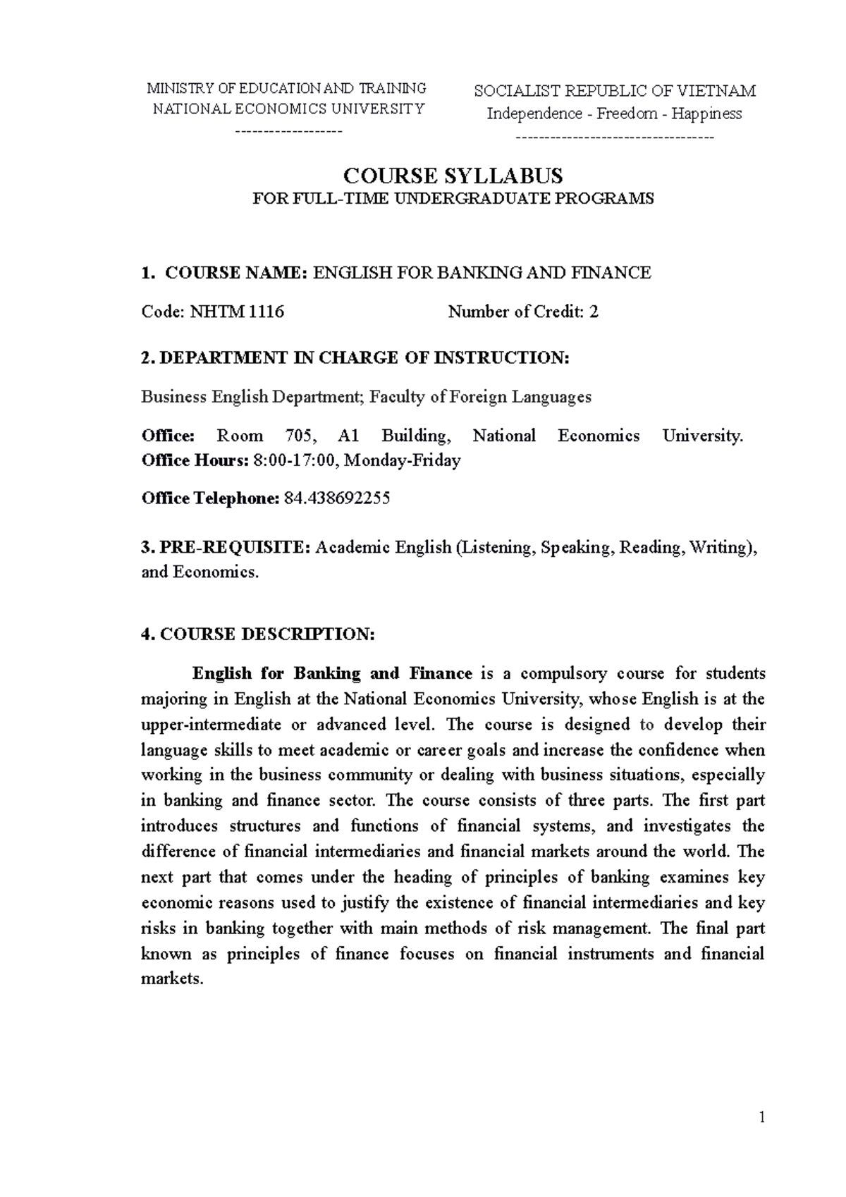 NHTM 1116 English for Banking and Finance Course Syllabus - Studocu
