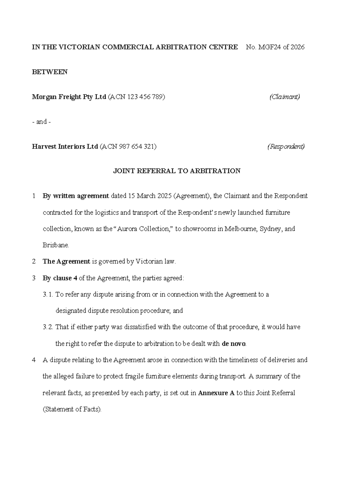 Moot Problem: Morgan Freight Pty Ltd v Harvest Interiors Ltd (MGF24 ...