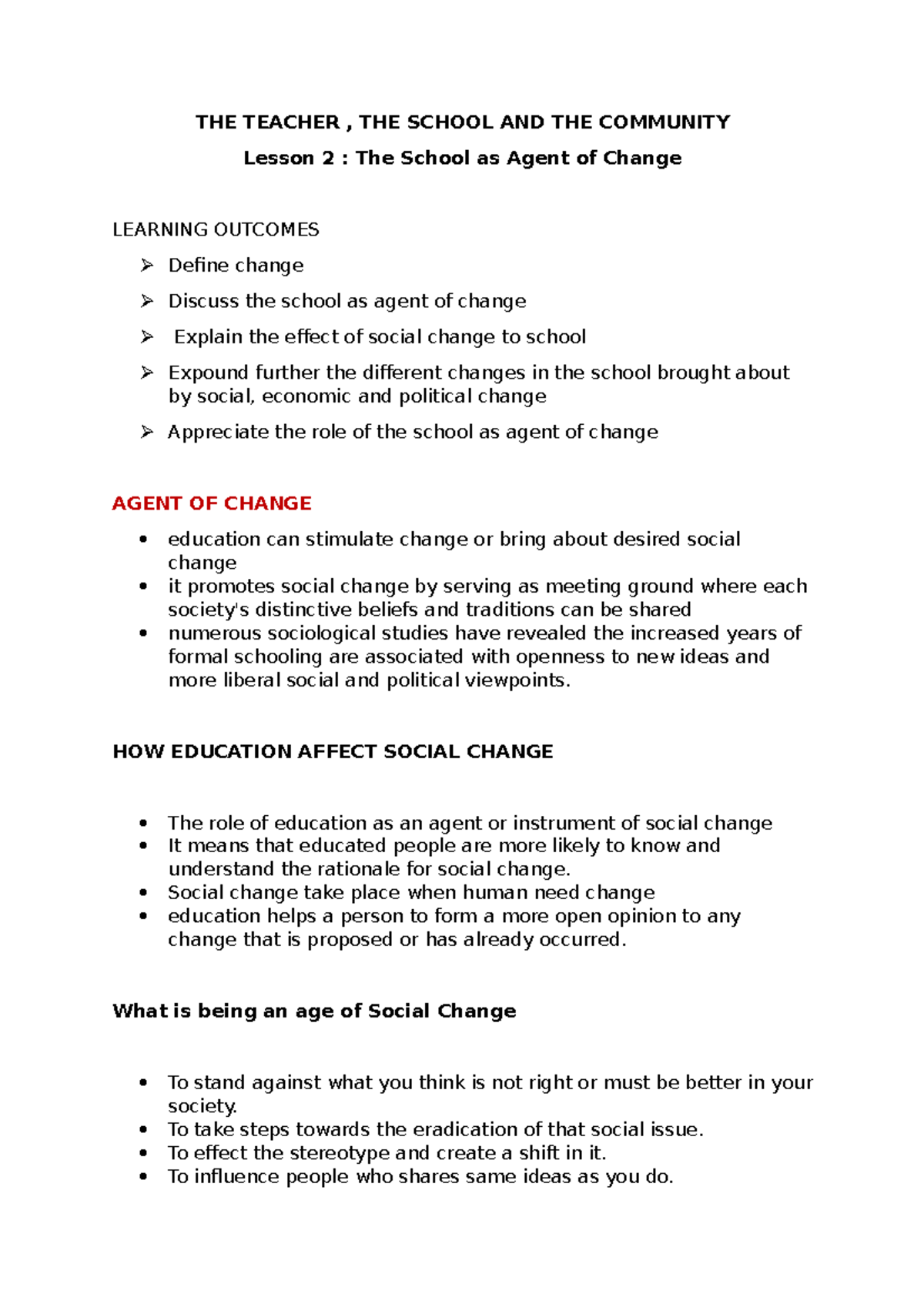 Lesson 2: The School as an Agent of Social Change in Education - Studocu