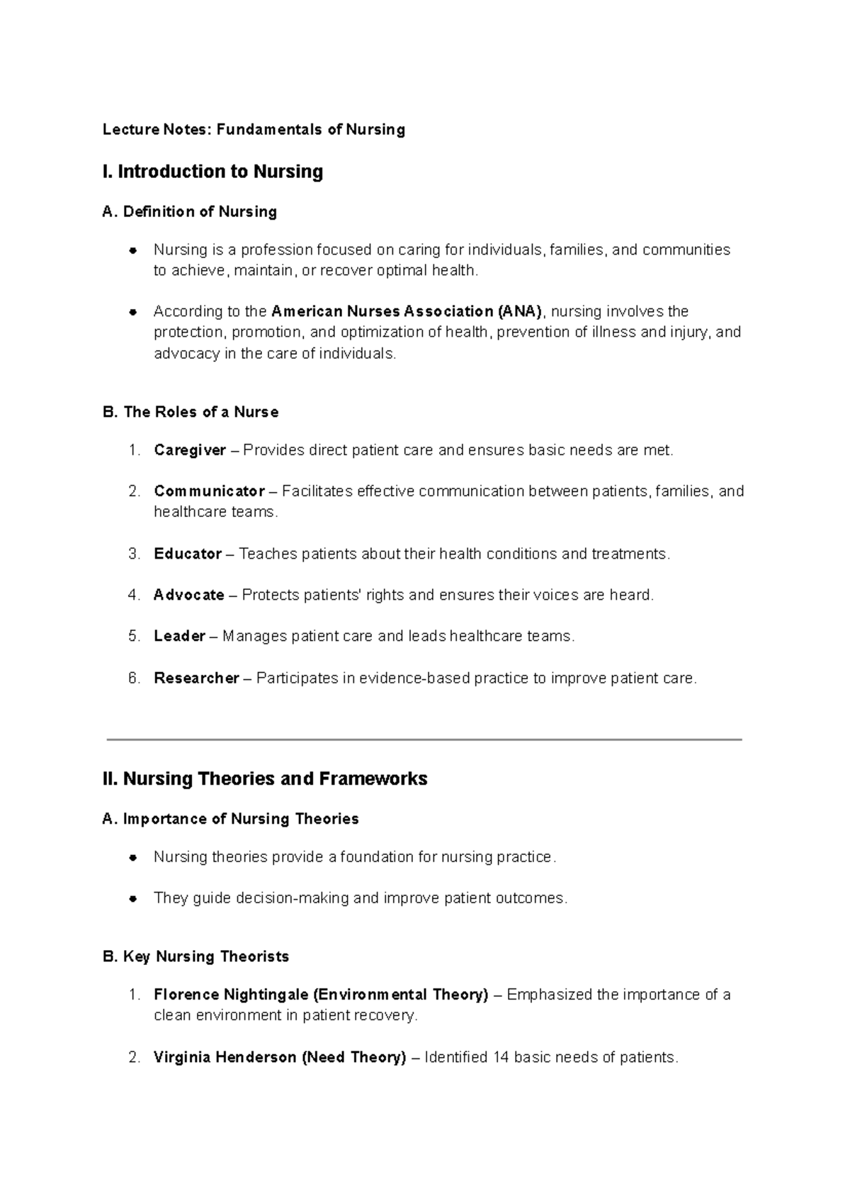 Lecture Notes Fundamentals of Nursing - Introduction to Nursing A ...