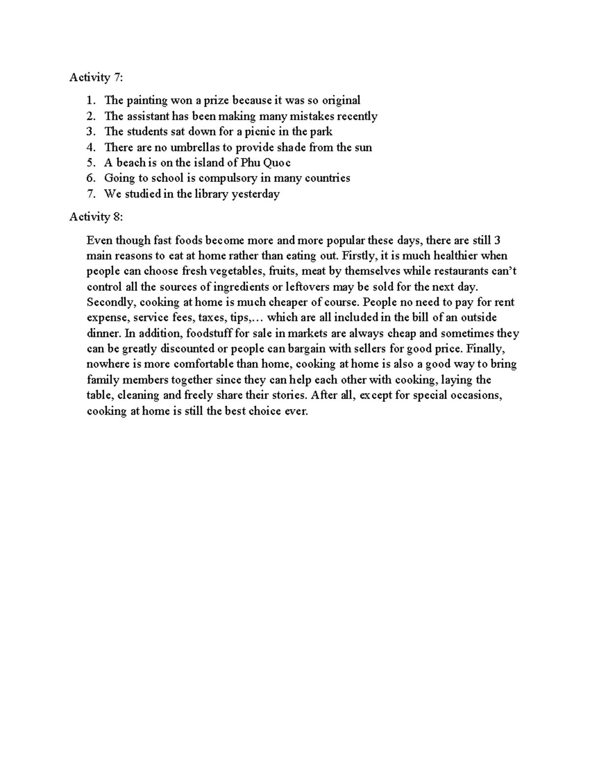 Writing W2: Home Cooking vs. Eating Out - Key Benefits - Studocu
