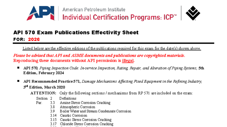 API 570 Exam Publications Effectivity Sheet - February 2026 - Studocu