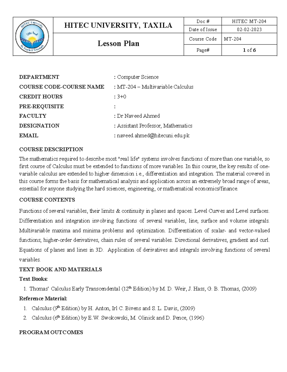 HITEC UNIVERSITY, TAXILA Multivariable Calculus Lesson Plan - Studocu