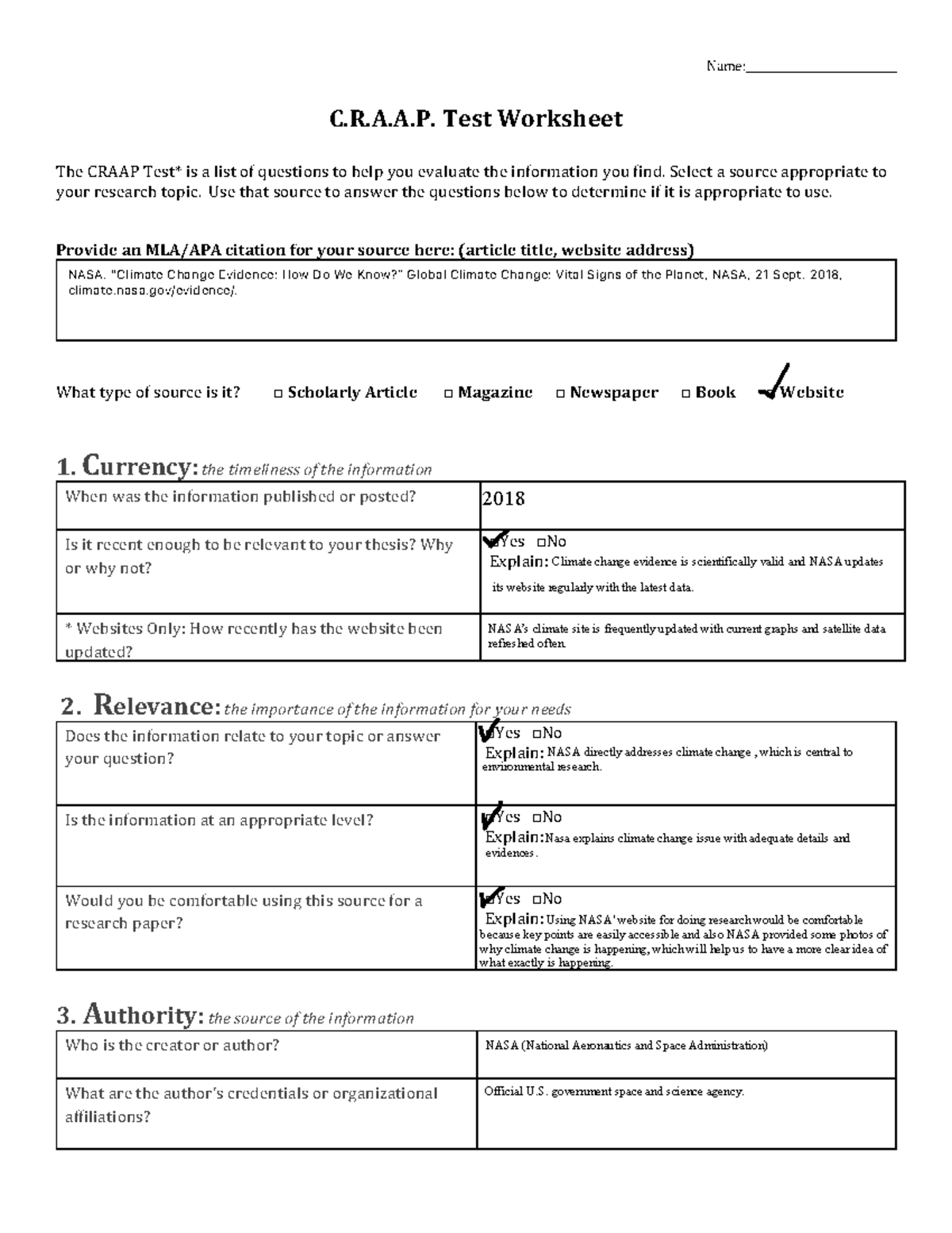 C.R.A.A.P. Test Worksheet for Evaluating Sources in Research - Studocu