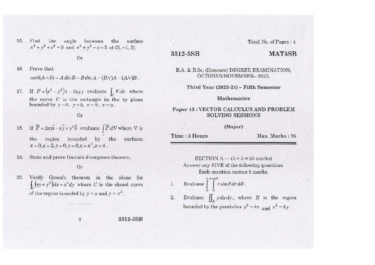 MAT5SB: Vector Calculus & Problem Solving - Question Paper 2025 - Studocu