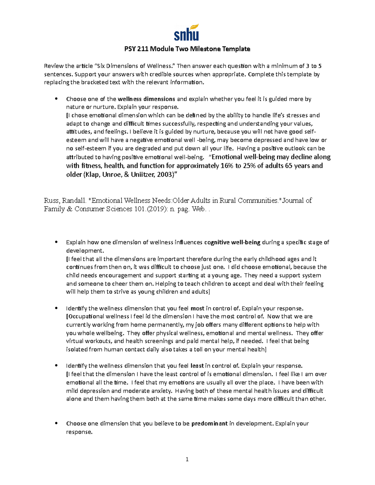 SNHU PSY 211 Module 2 Milestone - PSY 211 Module Two Milestone Template Review the article “Six ...