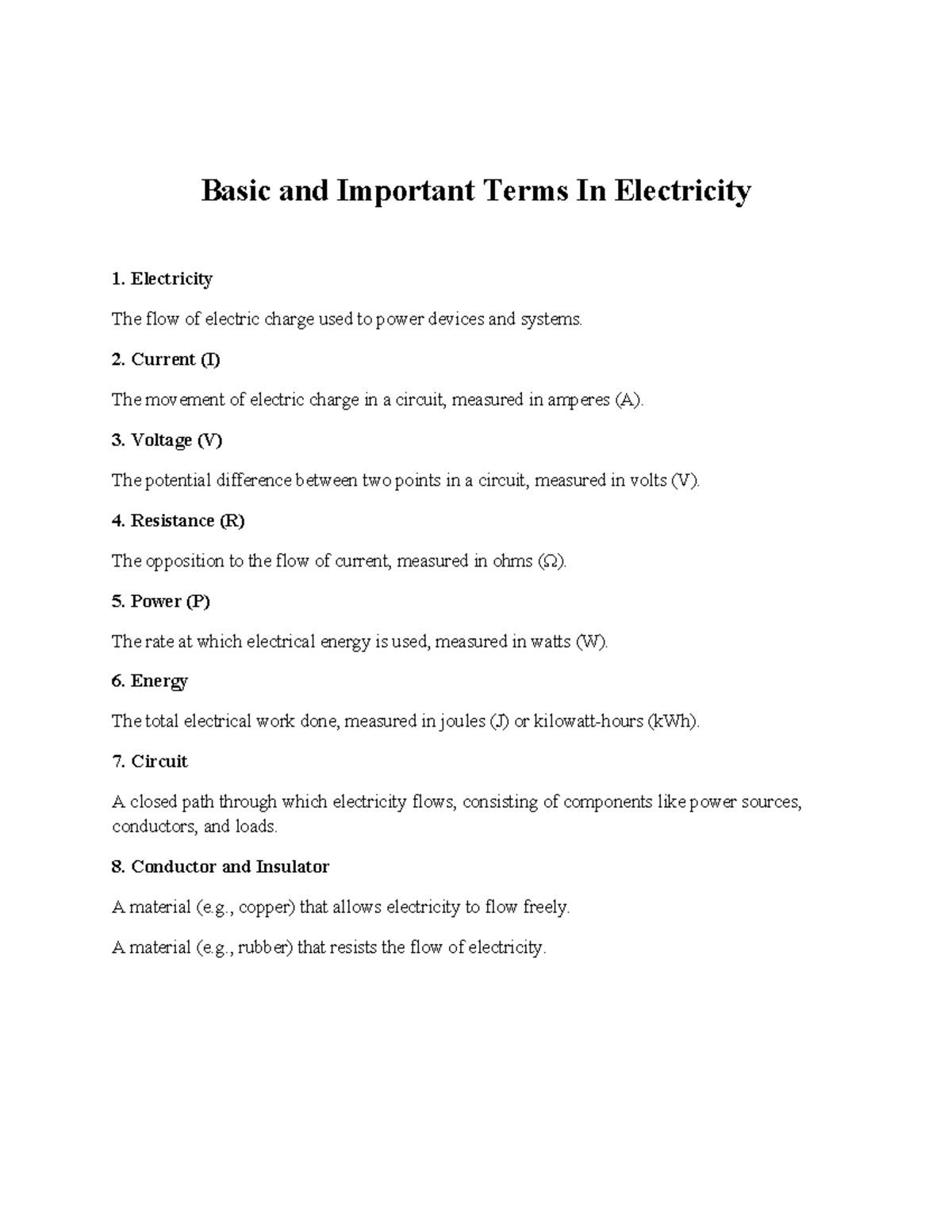 Basic terms and concepts in electricity 1: definitions and explanations - Studocu