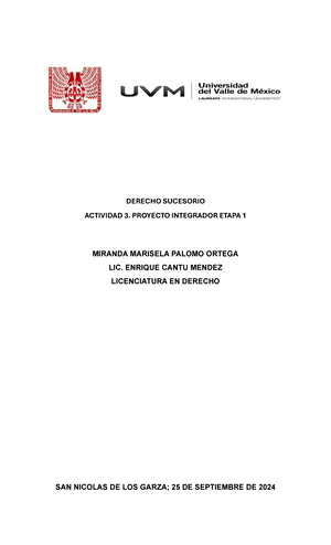 Proyecto integrador 1 derecho sucesorio - DANIEL ALEJANDRO SANCHEZ LANDA DERECHO SUCESORIO ...