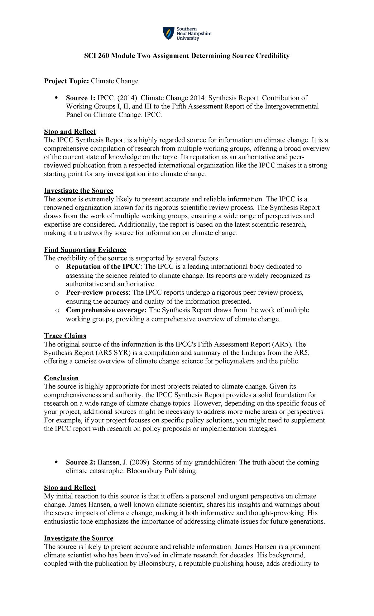 SCI 260 Module 2 Assignment: Evaluating Credibility of Climate Sources - Studocu