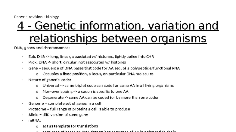 Biology 4 Paper 1 Revision: Genetic Info, Variation & Relationships ...