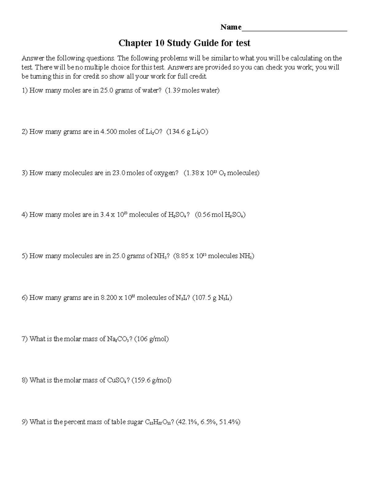 Chapter 10 Test Review & Study Guide for Calculating Moles & Mass - Studocu