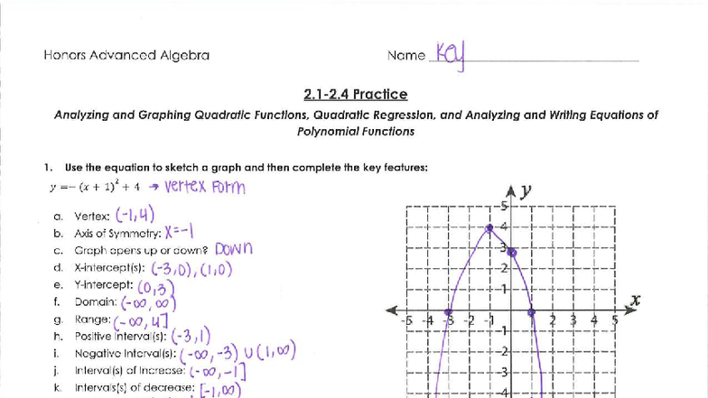 Honors Advanced Algebra 2.1-2.4 Practice Key: Quadratics & Polynomials ...