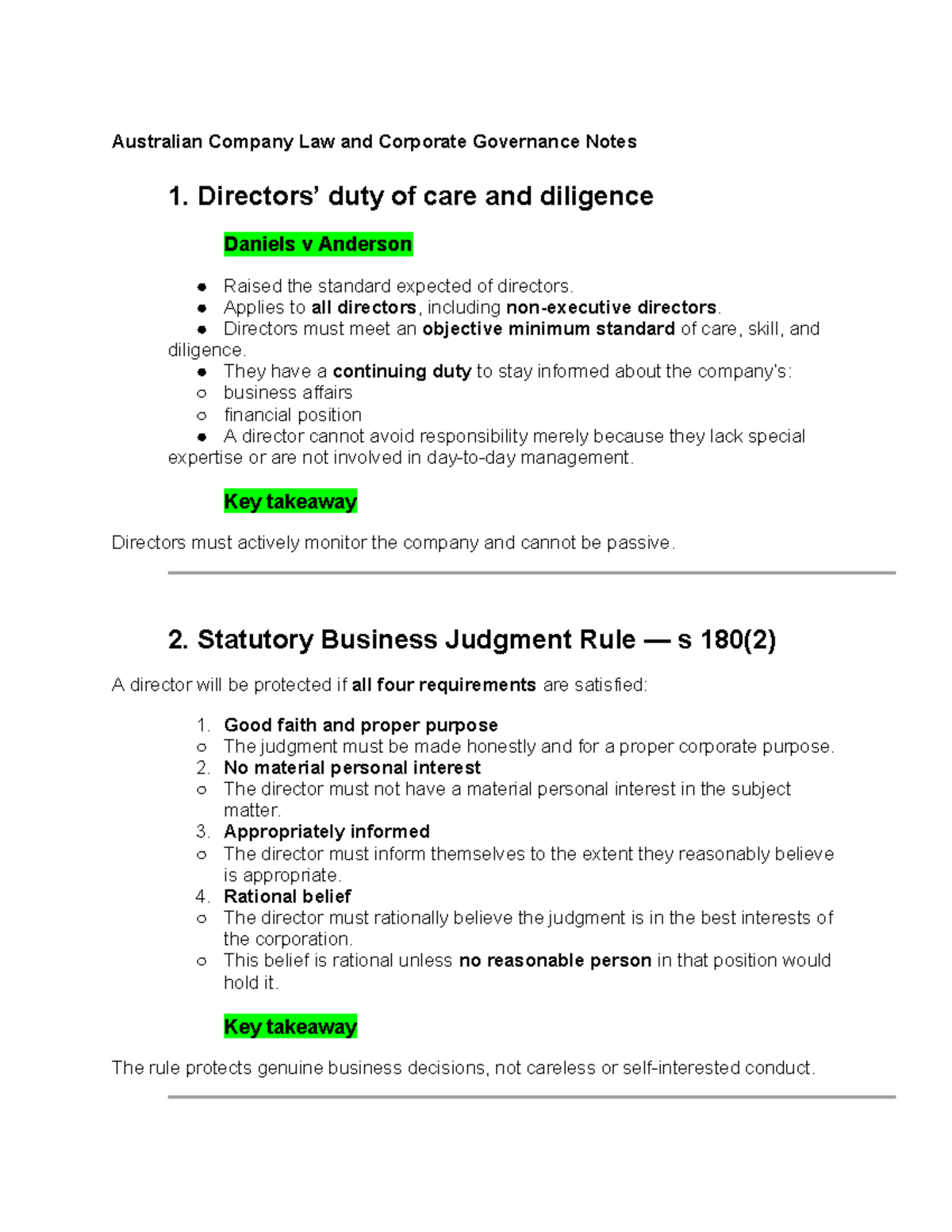Australian Company Law & Governance Notes: Duty of Care & Directors ...
