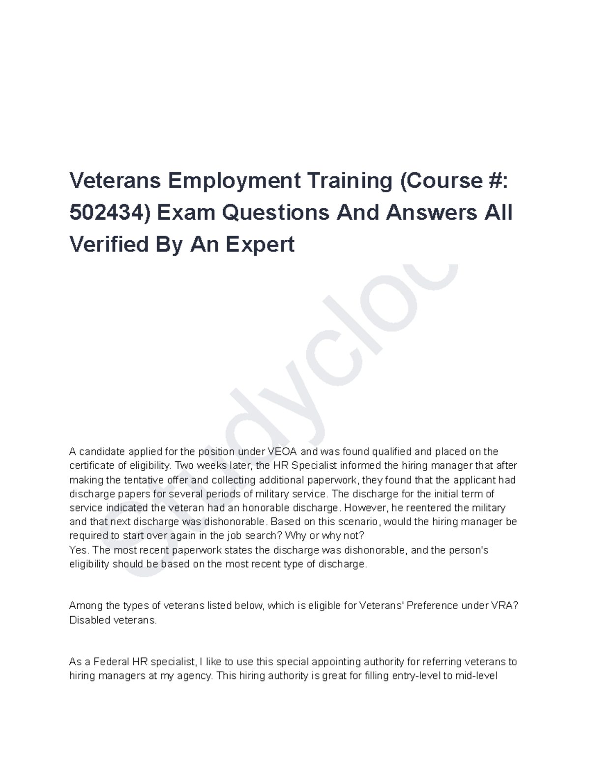 Veterans employment training (Course 502434) exam questions and answers ...