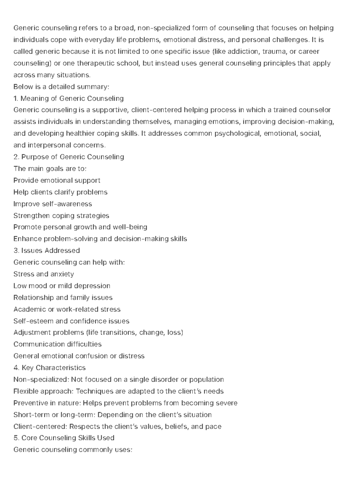 Generic Counseling: Overview, Purpose, and Key Characteristics - Studocu